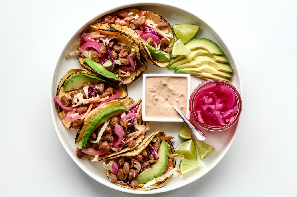Smashed Pinto Bean Tacos with Pickled Red Onions & Smoky Chipotle Crema ...